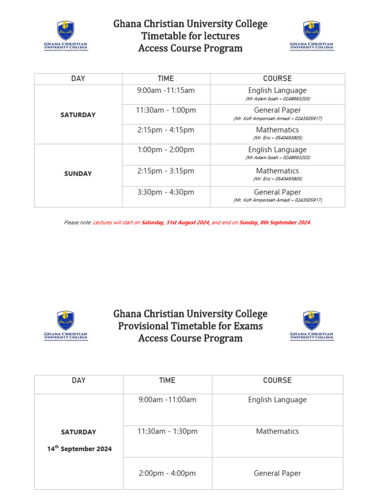 Access Course Timetable 2024 | PDF