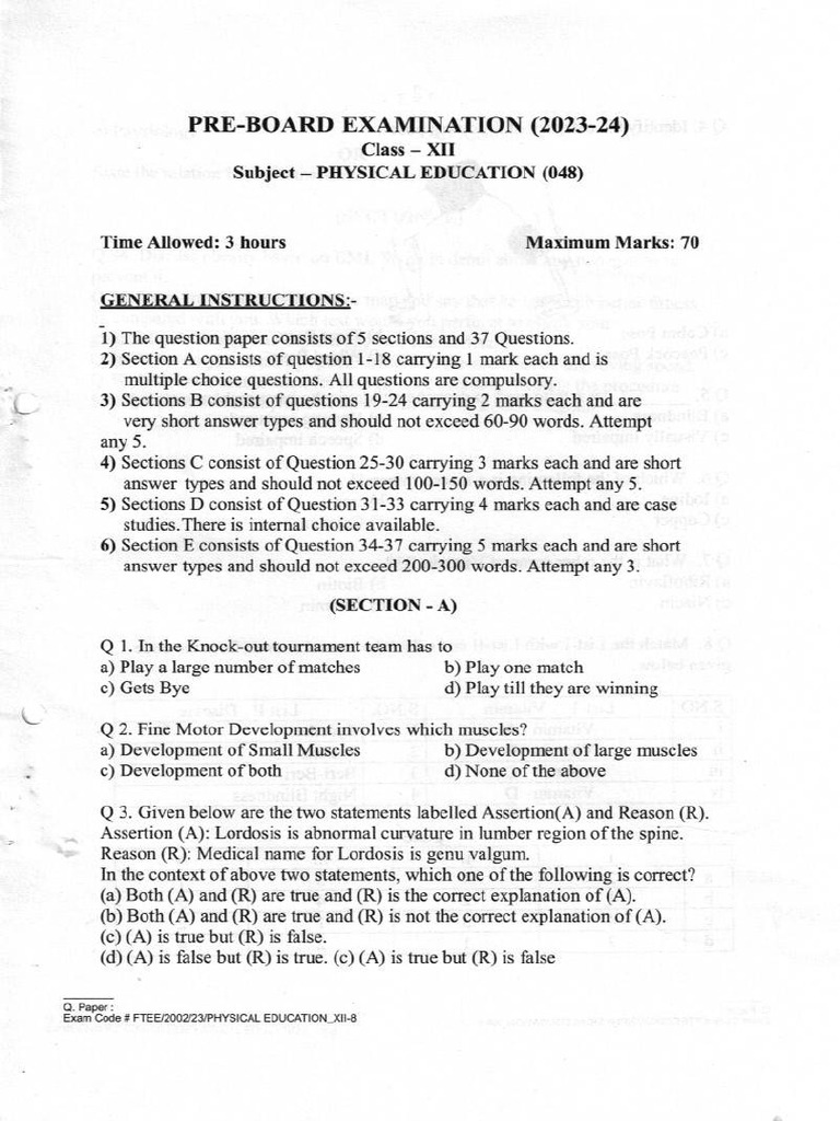 Pre Board XII Phy Edu Set A 23-24 | PDF