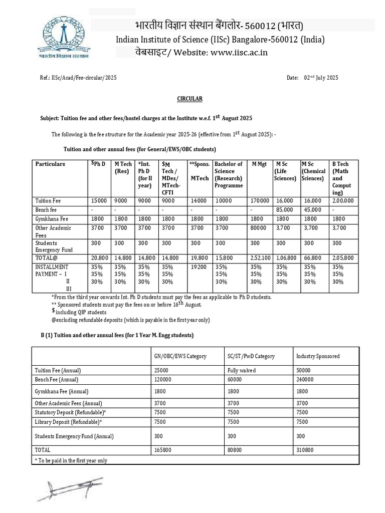 IISc Bangalore Fee Structure 2025-26 | PDF | Services (Economics ...