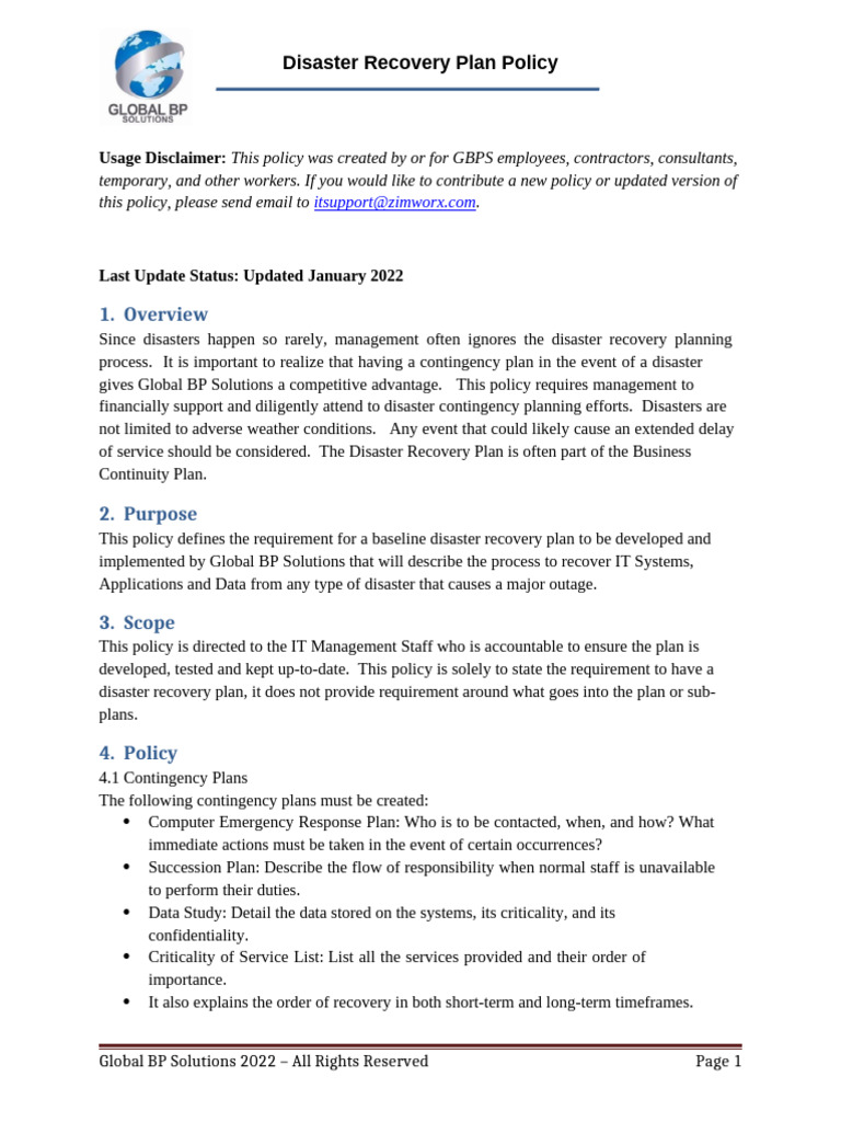 Disaster Recovery Plan Overview | PDF | Business