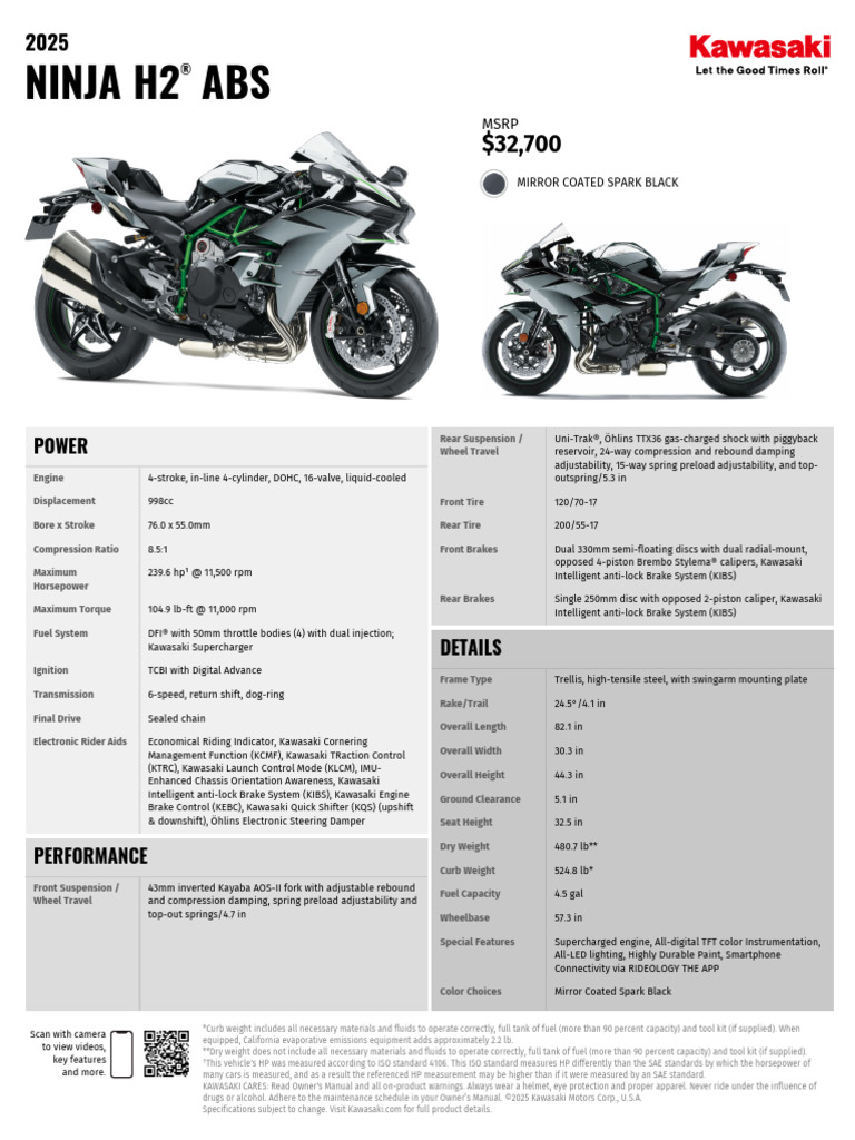 2025 Kawasaki Ninja H2 ABS Specs | PDF | Horsepower | Anti Lock Braking ...