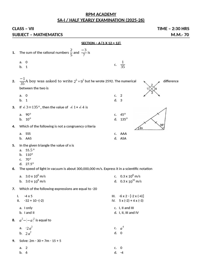 Class VII Mathematics Half-Yearly Exam 2025-26 | PDF | Equations ...