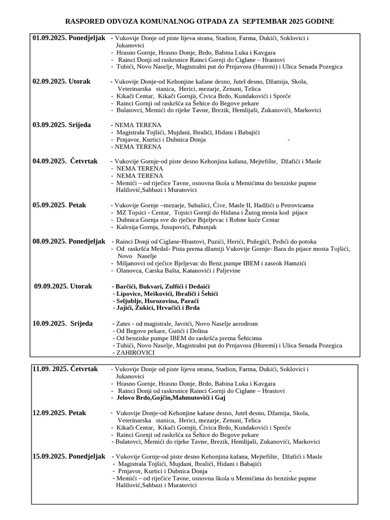 Raspored Odvoza Komunalnog Otpada Za Mjesec Septembar 2025 | PDF