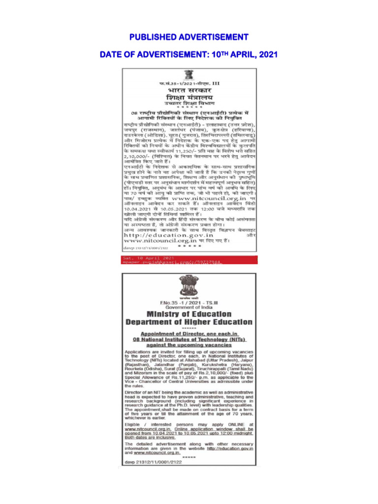 NIT Director Recruitment Advertisement | PDF | Higher Education ...