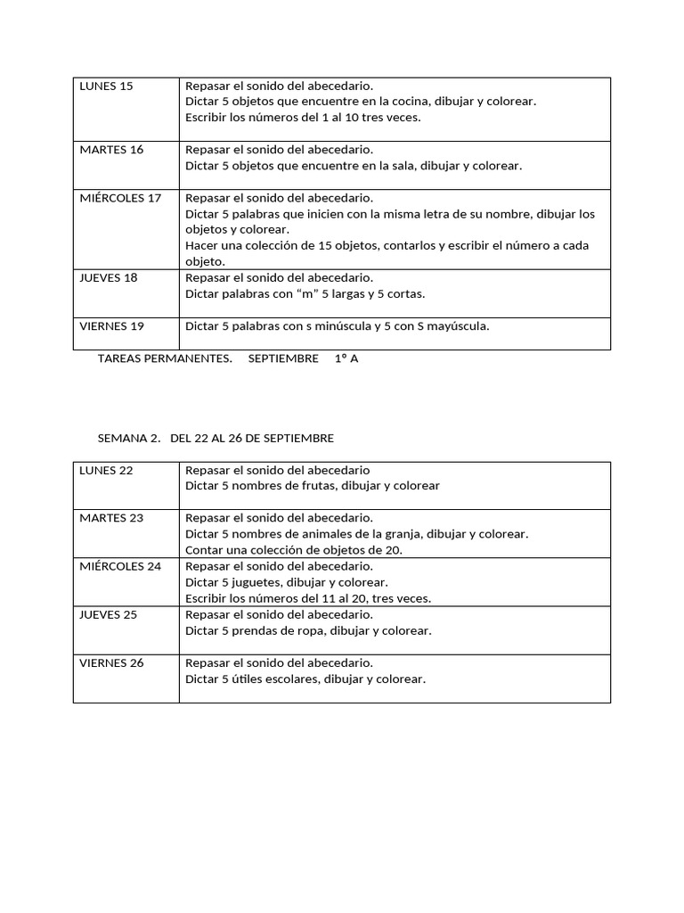 Tareas de septiembre 1º A | PDF