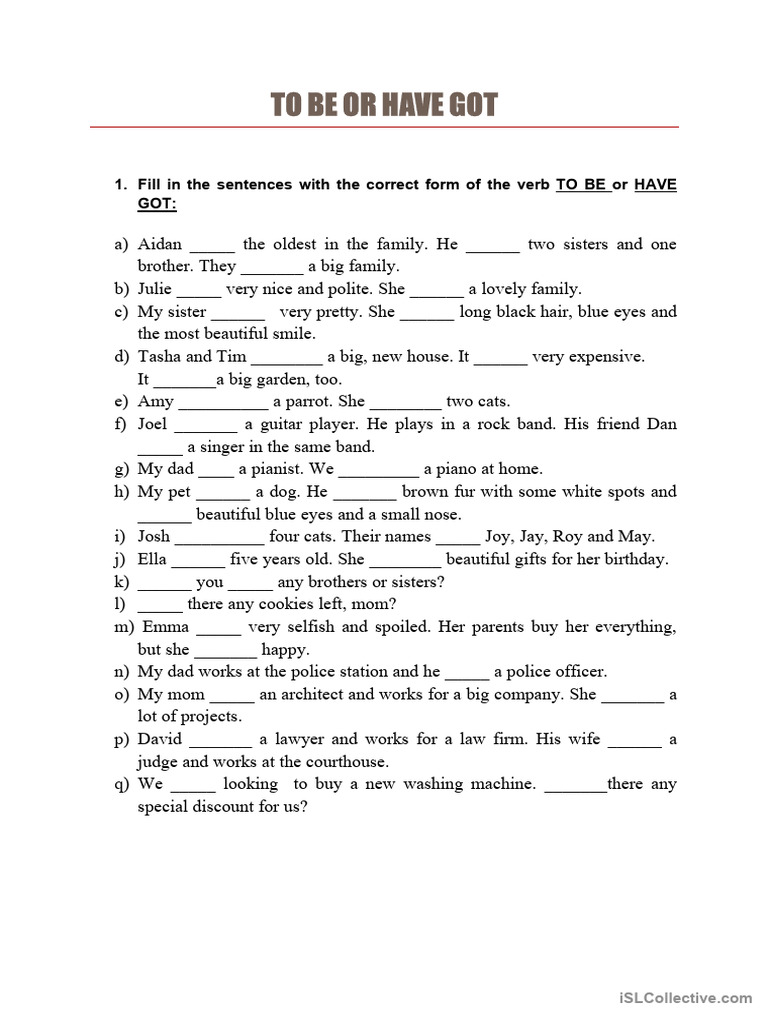 Verb Forms: To Be or Have Got Exercises | PDF