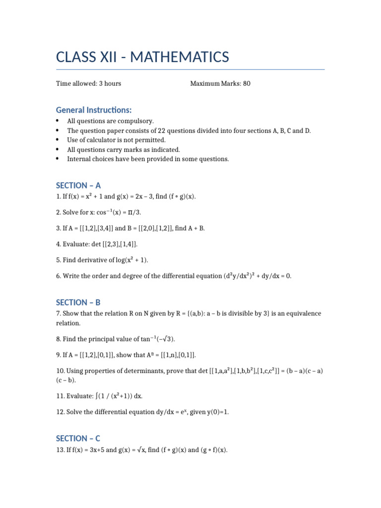 Class 12 CBSE Maths Question Paper | PDF