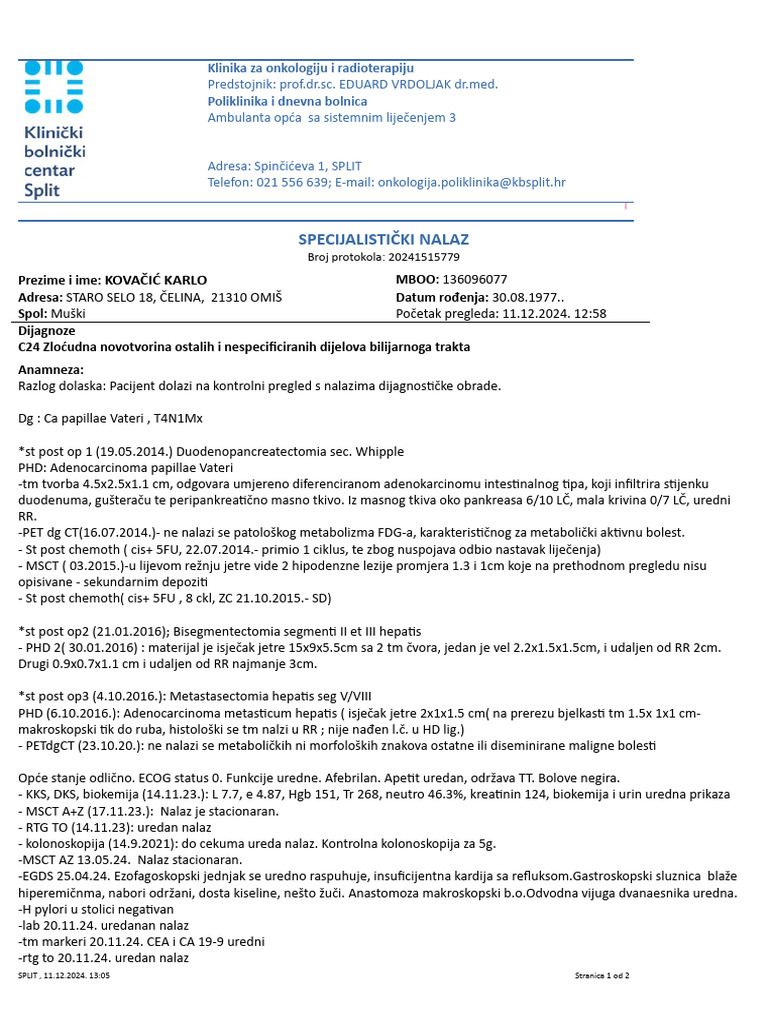 Karlo Kovačić - Nalaz Onkologa 11 12 2024 | PDF