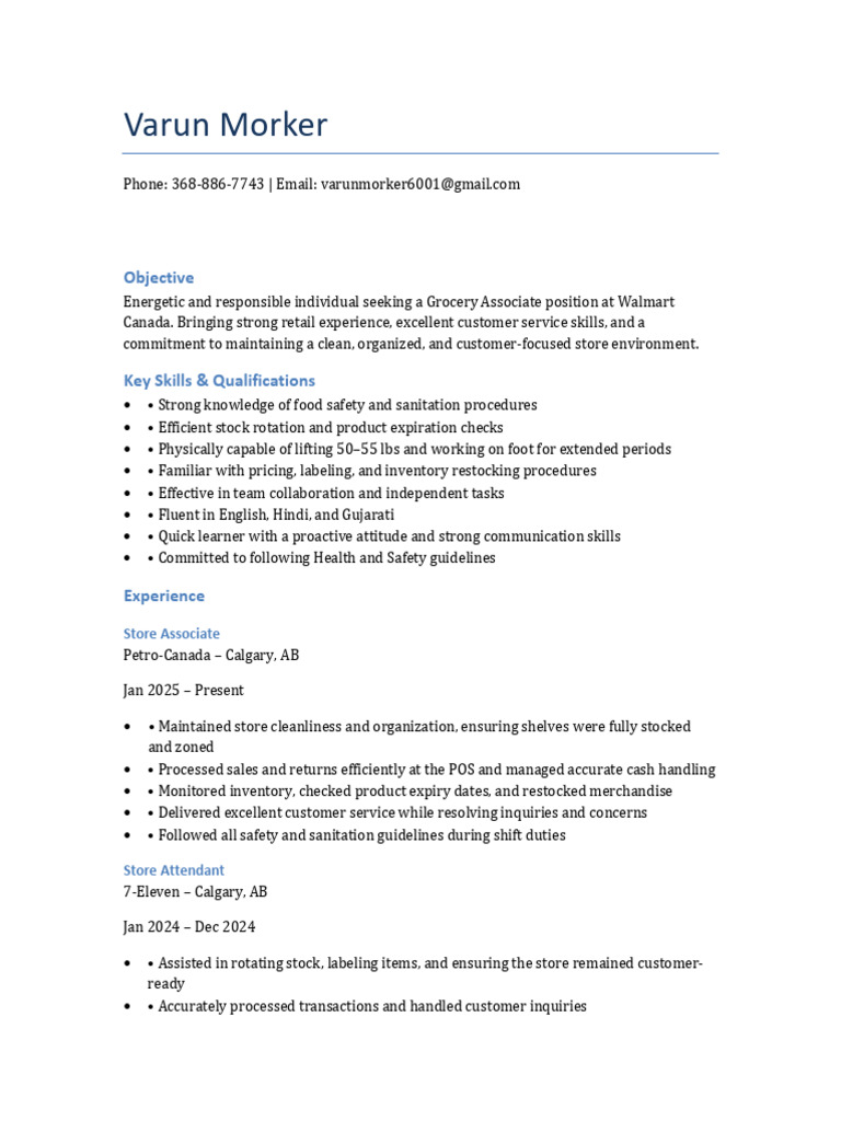 Walmart Grocery Associate Resume | PDF