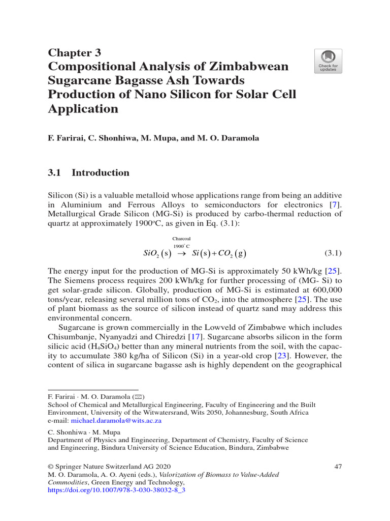 Compositional Analysis of Zimbabwean Sugarcane Bagasse Ash Towards Production of Nano Silicon ...
