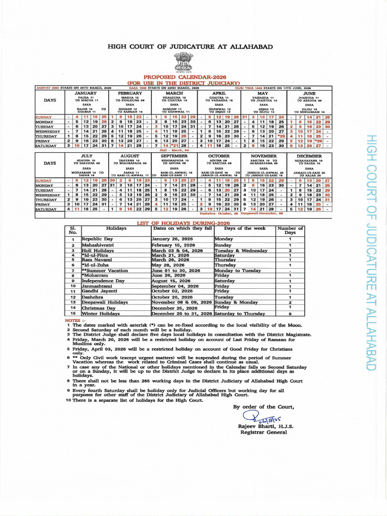 District Judiciary Proposed Calendar 2026 | PDF