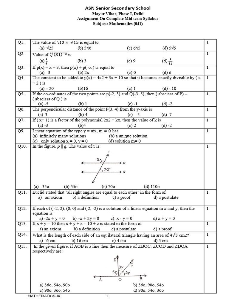 Sample Paper Math (IX) PAPER 2025-26 | PDF | Axiom | Area