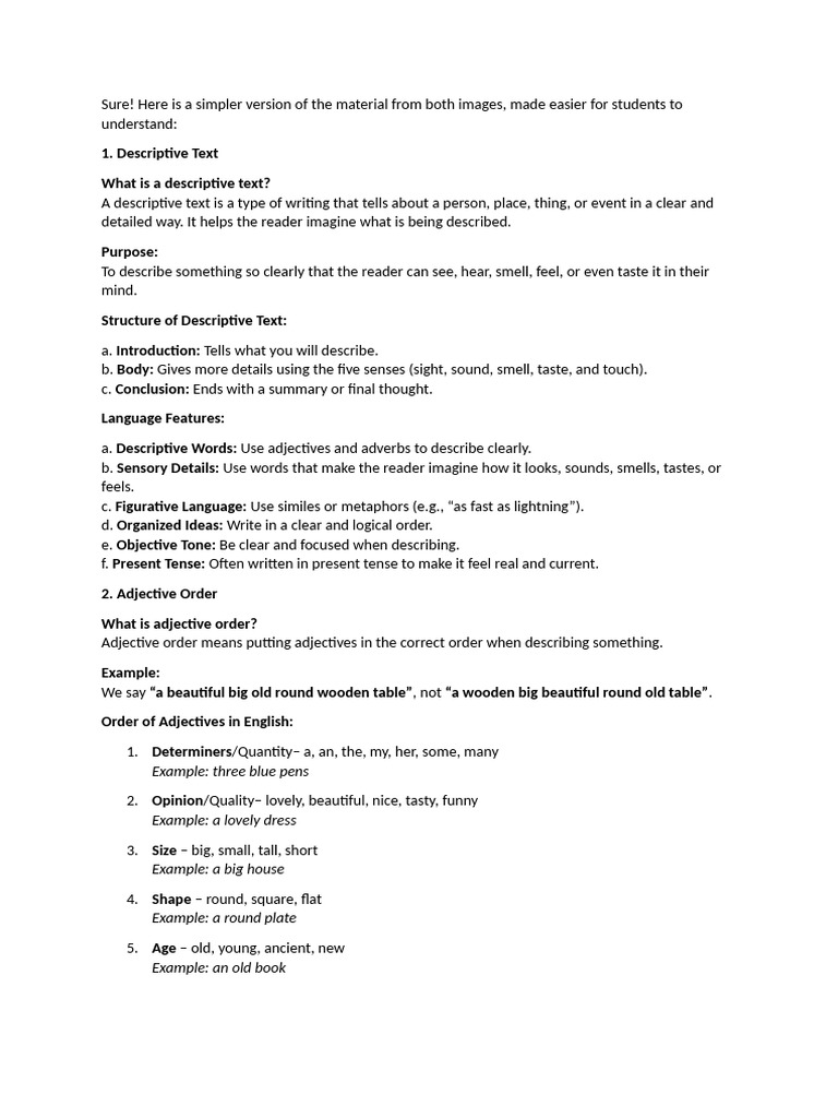 Descriptive Text and Adjective Order | PDF