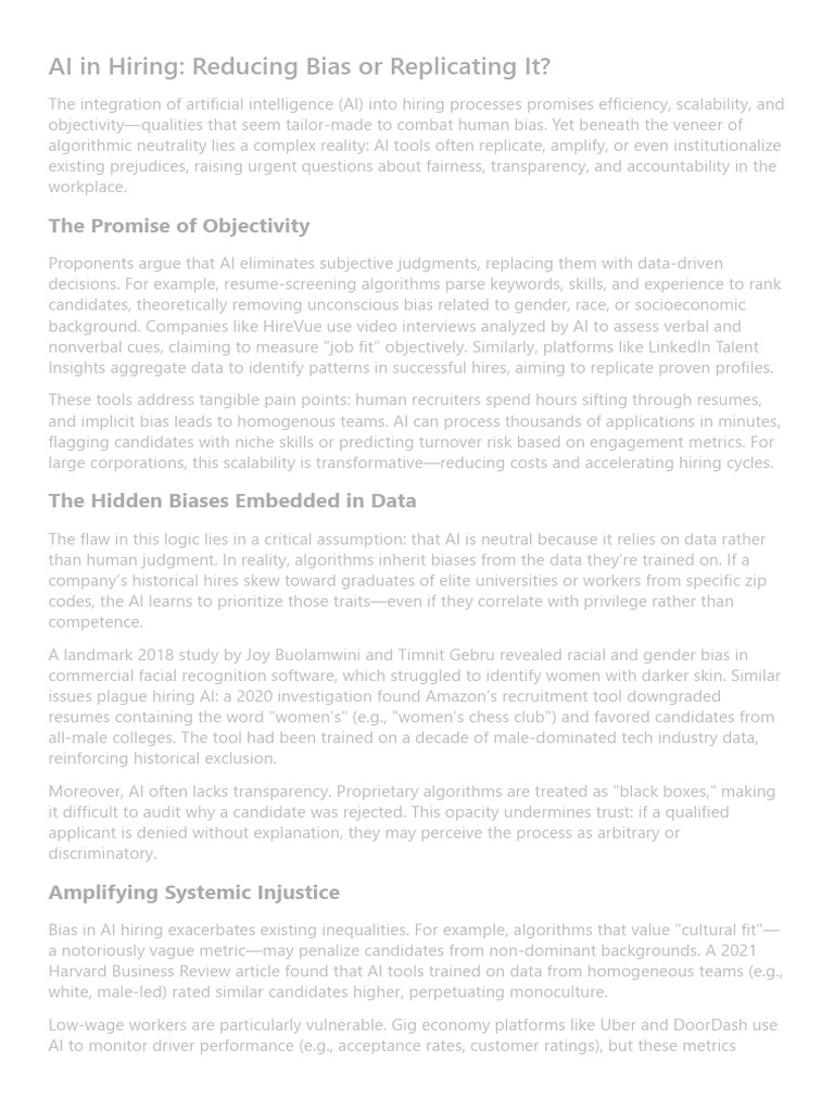 AI Hiring: Bias Reduction or Amplification? | PDF | Artificial ...