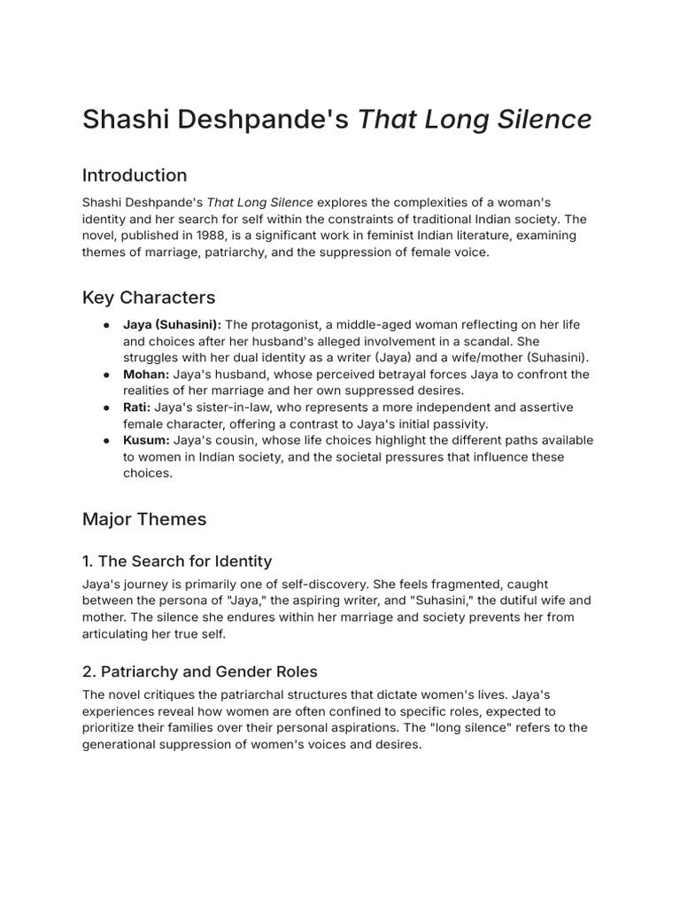 Notes On Shashi Deshpande's That Long Silence | PDF | Patriarchy