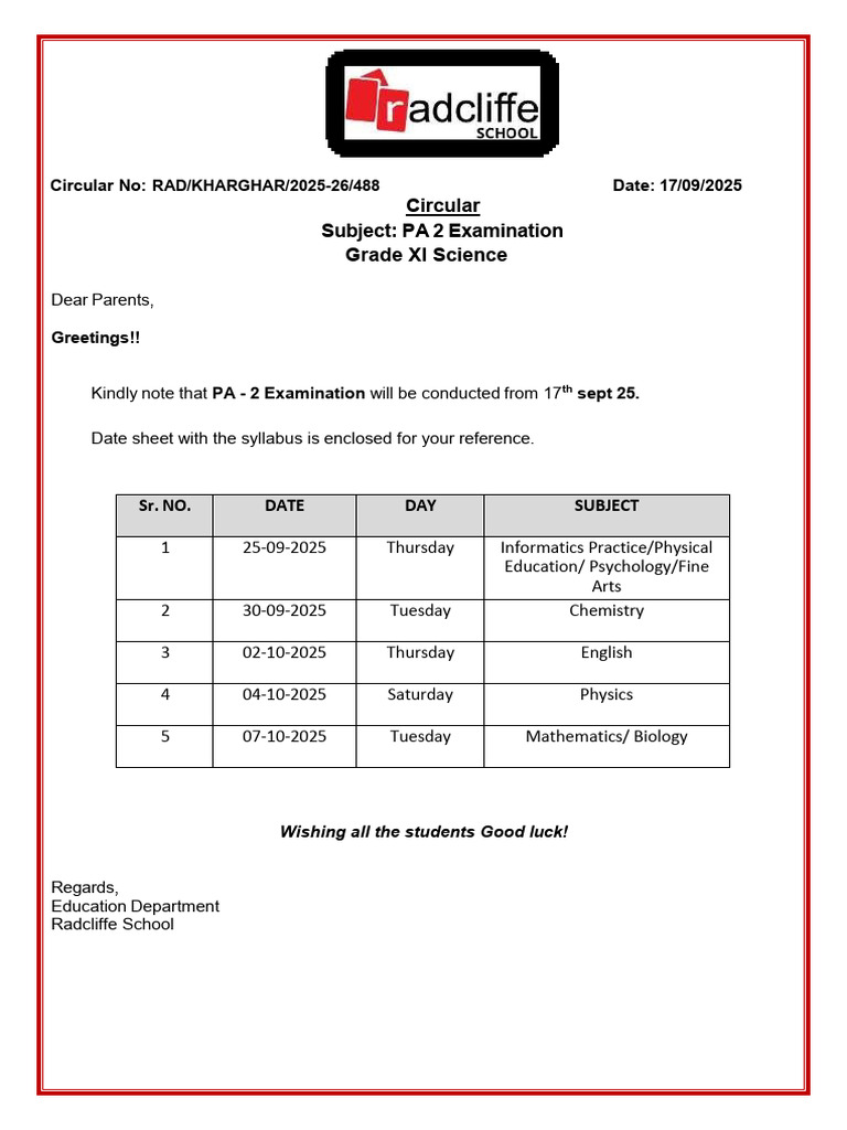 PA 2 Exam Schedule for Grade XI | PDF