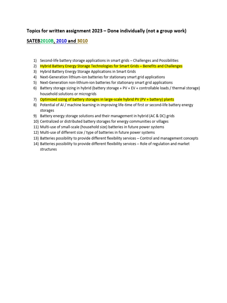 Battery Storage Topics for 2023 Assignments | PDF