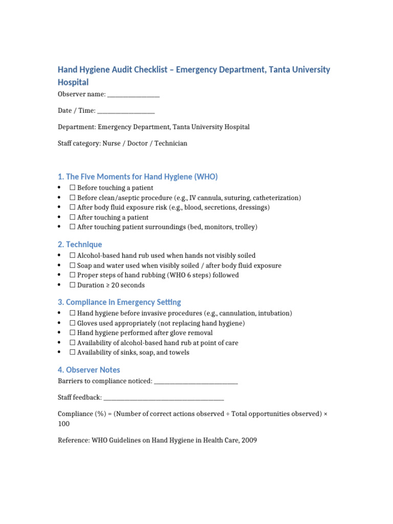 Hand Hygiene Audit Checklist TantaED | PDF