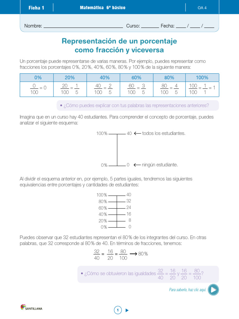 Representación de Un Porcentaje Como Fracción y Viceversa: Nombre ...