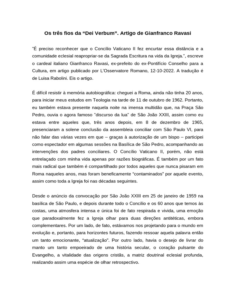 Fios da Dei Verbum no Concílio Vaticano II | PDF | Bíblia | Deus