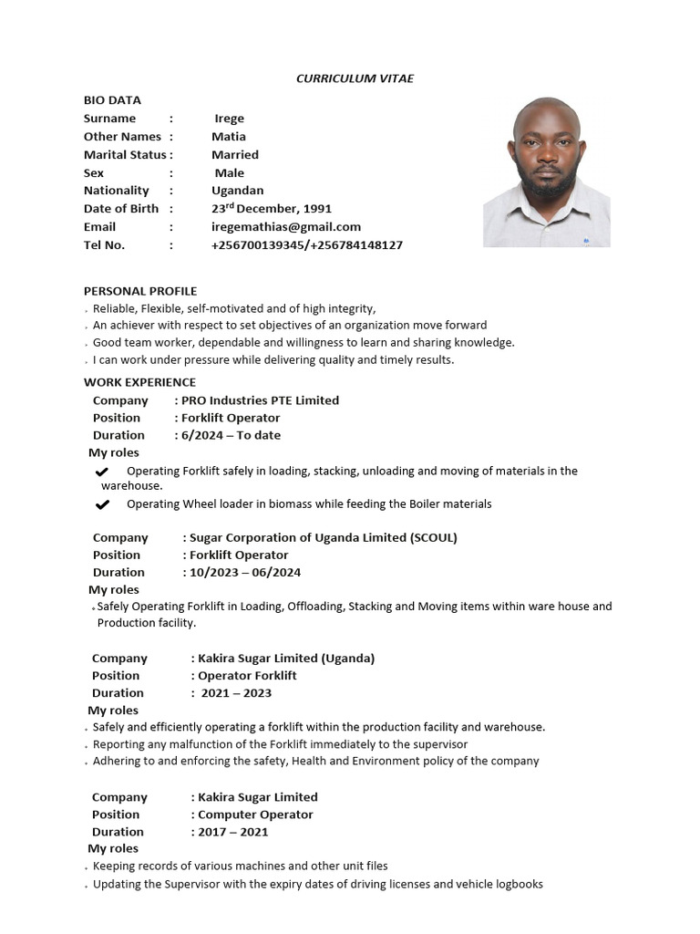 Ugandan Forklift Operator CV | PDF | Forklift | Computing