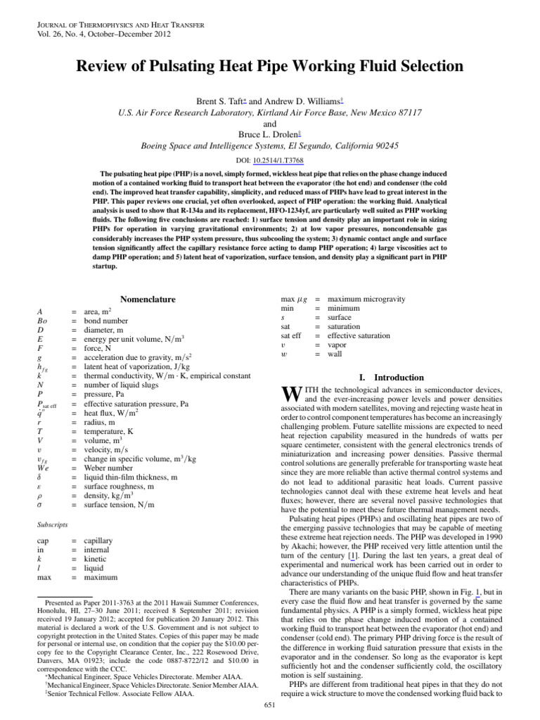 Review of Pulsating Heat Pipe Working Fluid Selection | PDF | Heat ...
