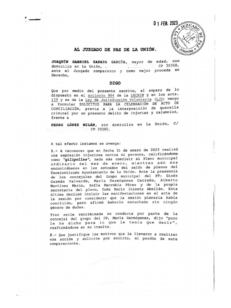 Documento de Denuncia Del PP Al Alcalde de La Union Por Llamar Gilipollas A Un Concejal c756719 ...