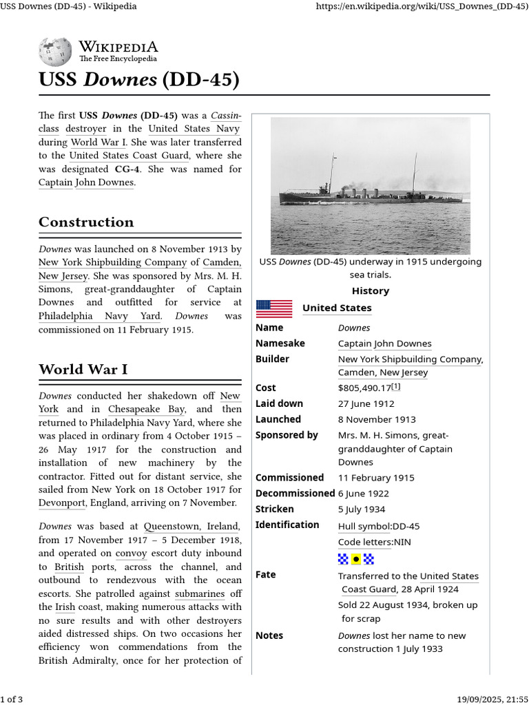 USS Downes (DD-45) - Wikipedia | PDF | Watercraft | Ships Of The United ...