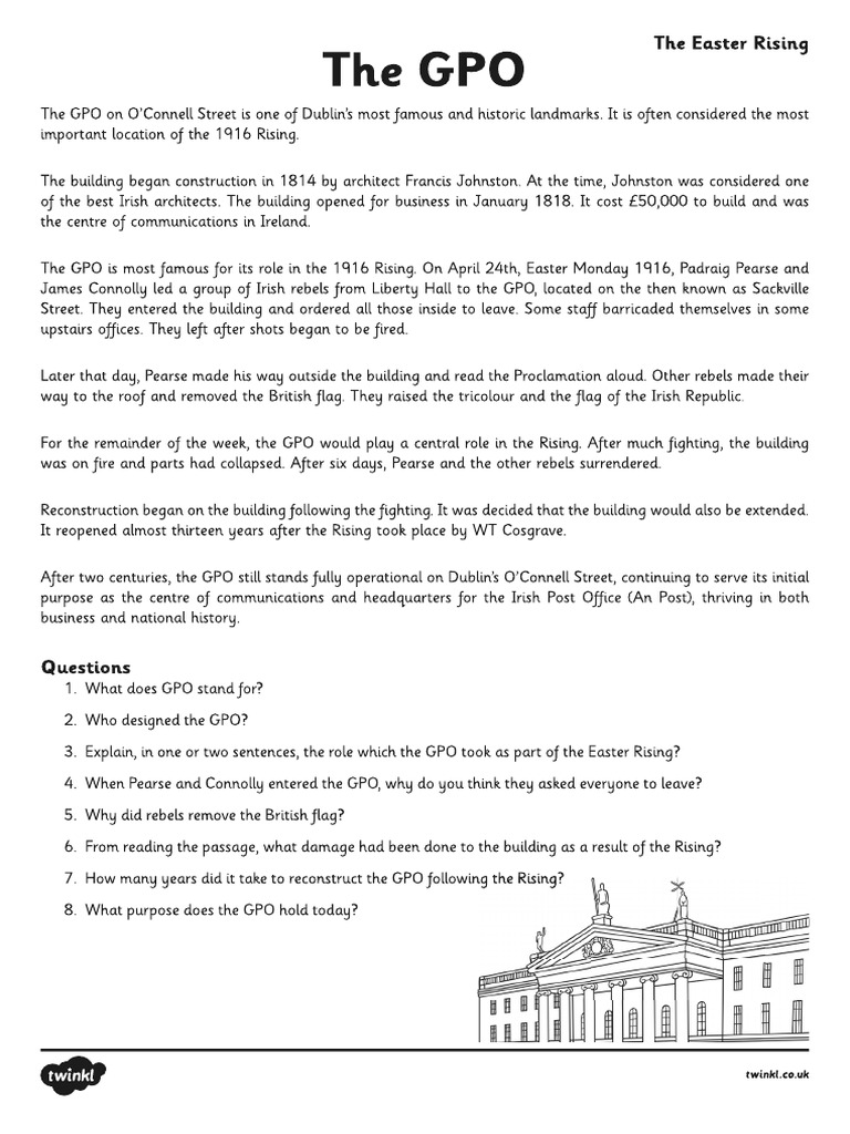 ROI2 H 082 Irish History 1916 Rising The GPO Comprehension Activity ...