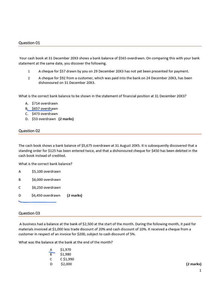 Bank Reconciliation Questions and Answers | PDF | Overdraft | Cheque