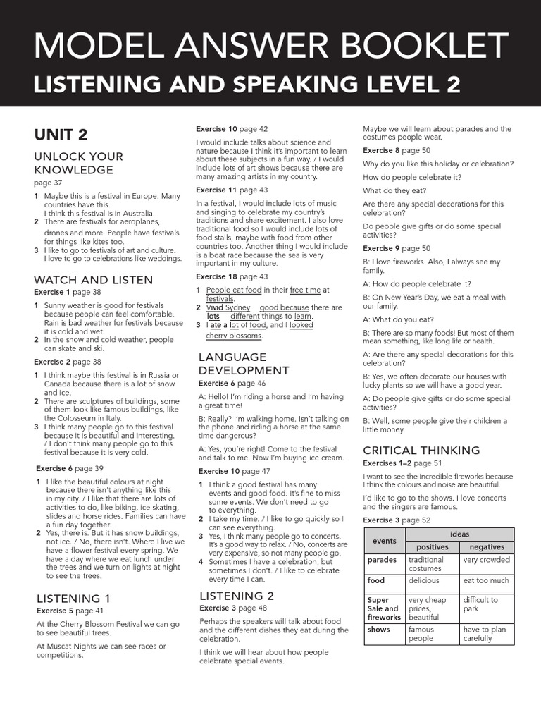 Listening and Speaking Level 2 Model Answer Booklet Unit 2 | PDF