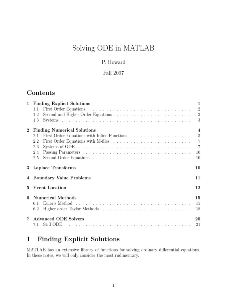 P. Howard-Solving Ordinary Differential Equations With Matlab | PDF | Ordinary Differential ...