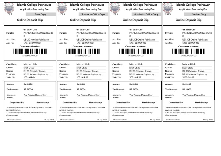 Islamia College Bank Chalan Mehran | PDF | Fee | Payments