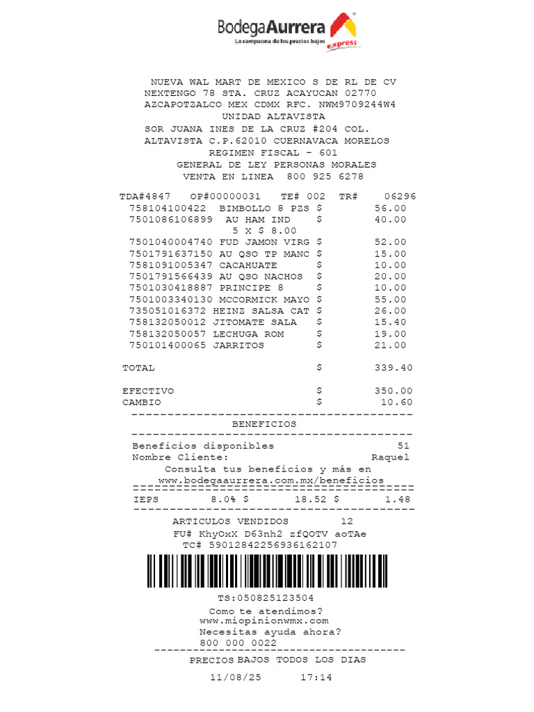 Ticket de compra Bodega Aurrera 2023 | PDF