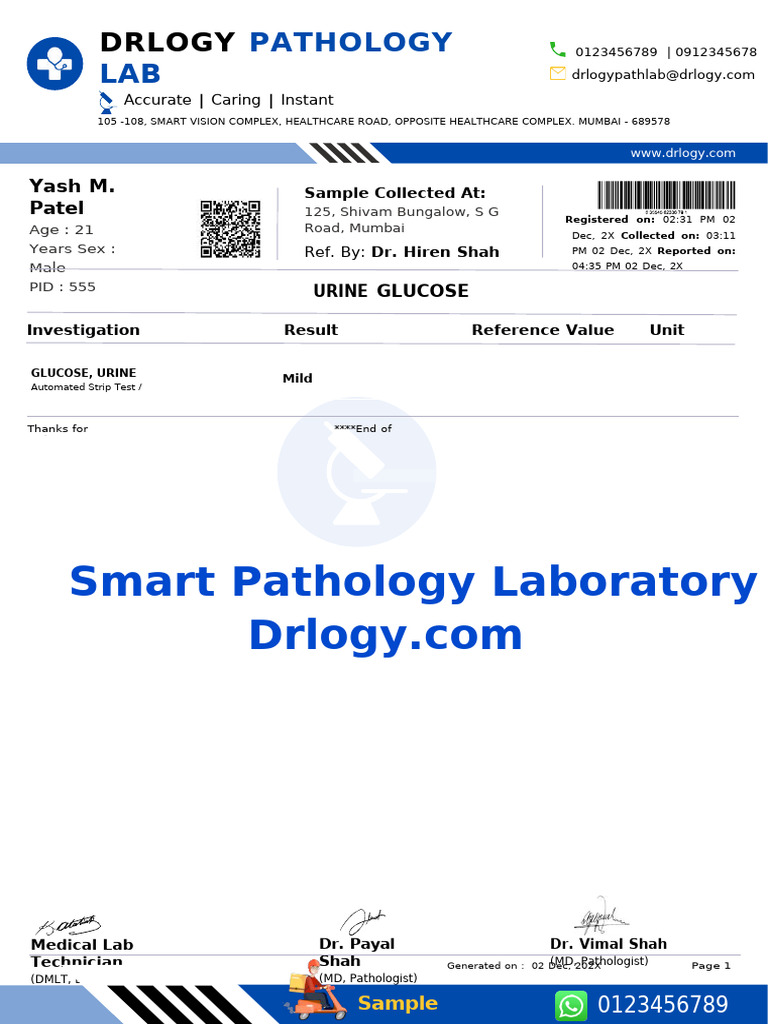 URINE GLUCOSE Test Report Format Example Sample Template Drlogy Lab ...