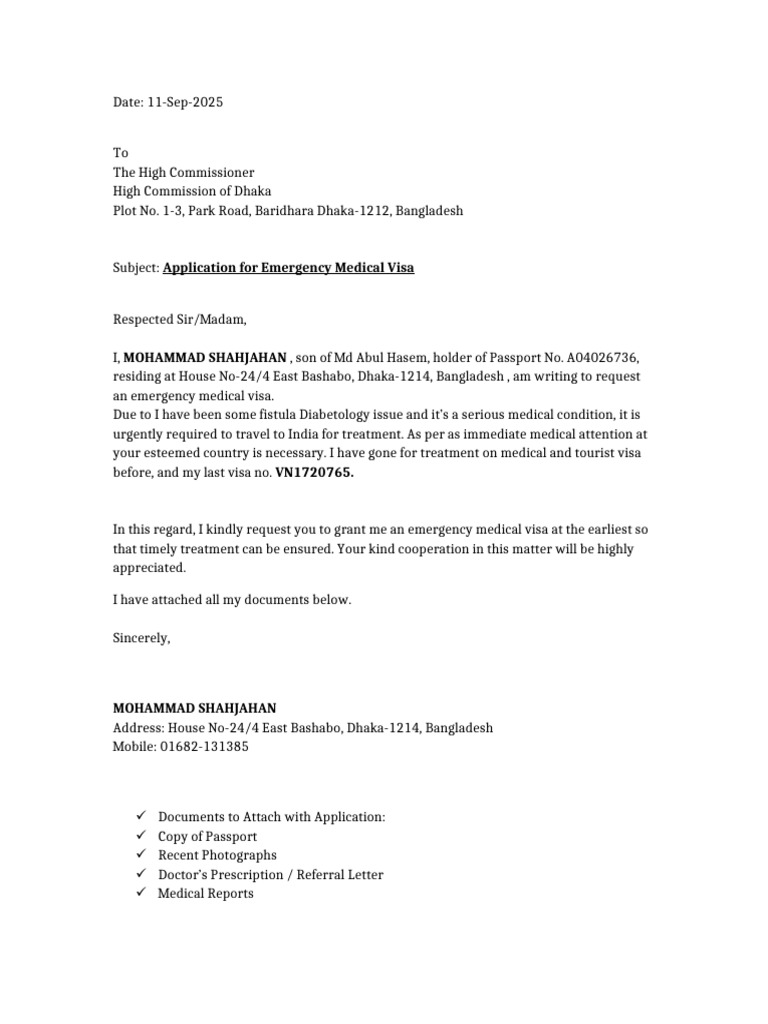 Emergency Medical Visa Application | PDF