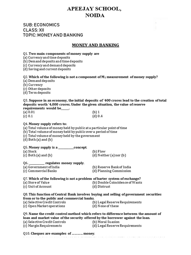 Money and Banking Worksheet | PDF | Money | Reserve Bank Of India