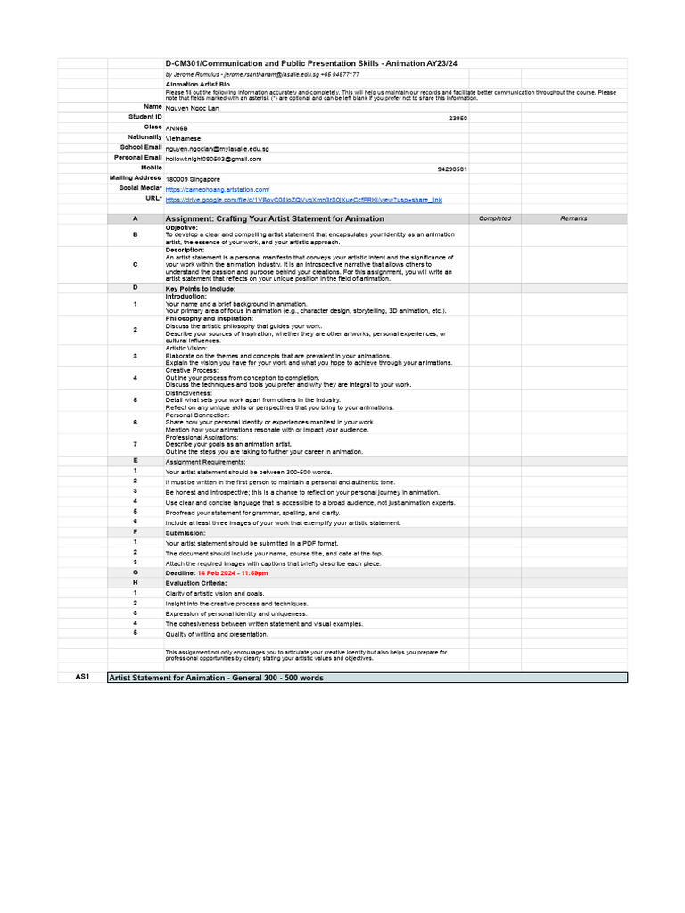 # Nguyen Ngoc Lan - Crafting Your Artist Statement For Animation - XLSX ...