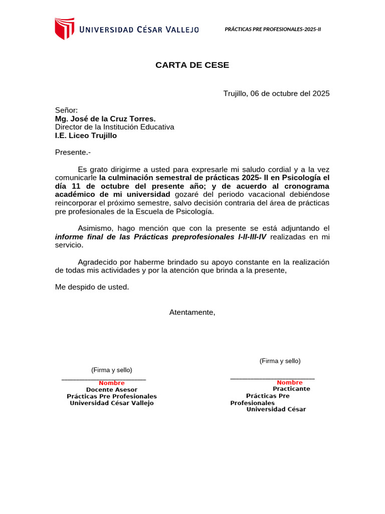 Modelo de Carta Cese 2025 | PDF