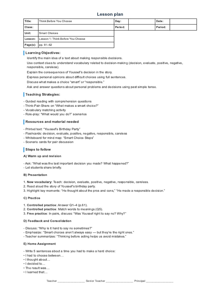 Unit 4 - Smart Choices - Lesson Plans (A4 Portrait) | PDF