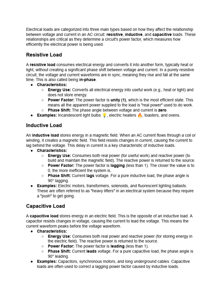 Types of Electrical Loads Explained | PDF | Ac Power | Physical Quantities