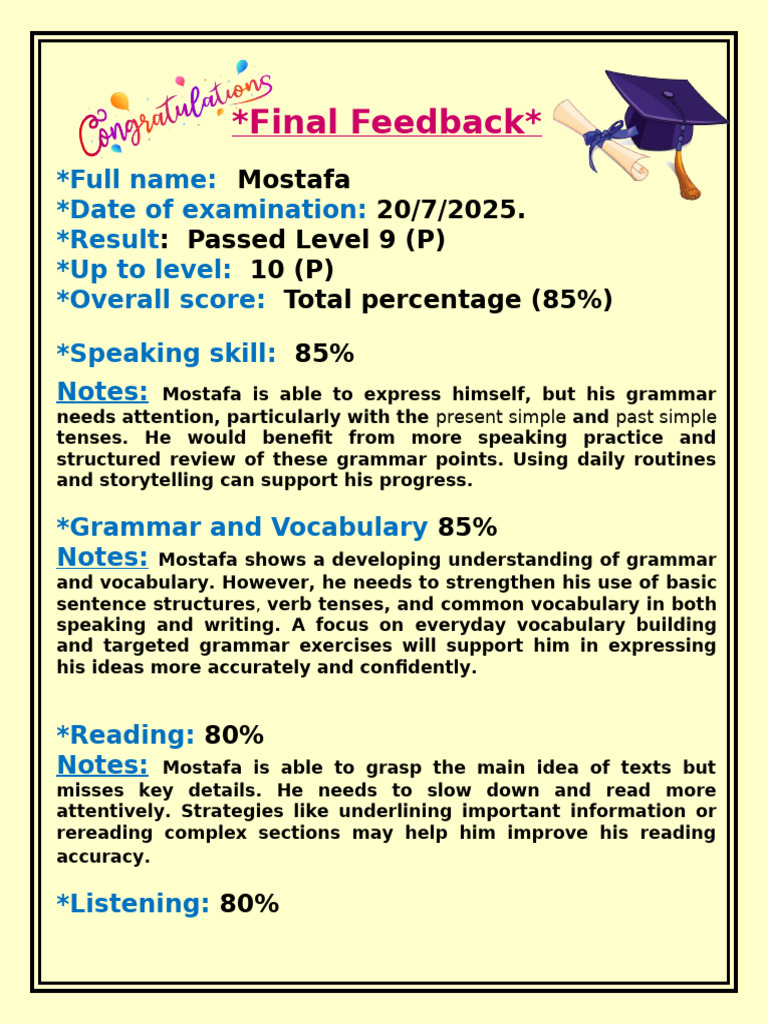 Mostafa's 9p Final Feedback | PDF | Reading Comprehension | Human ...