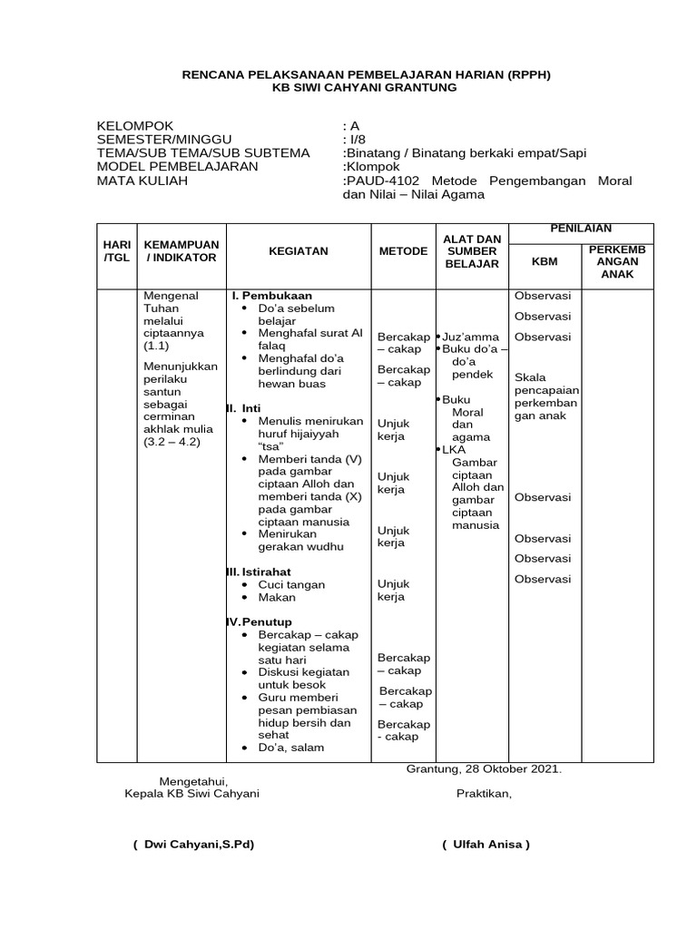 RPPH PAUD: Pembelajaran Binatang Sapi | PDF