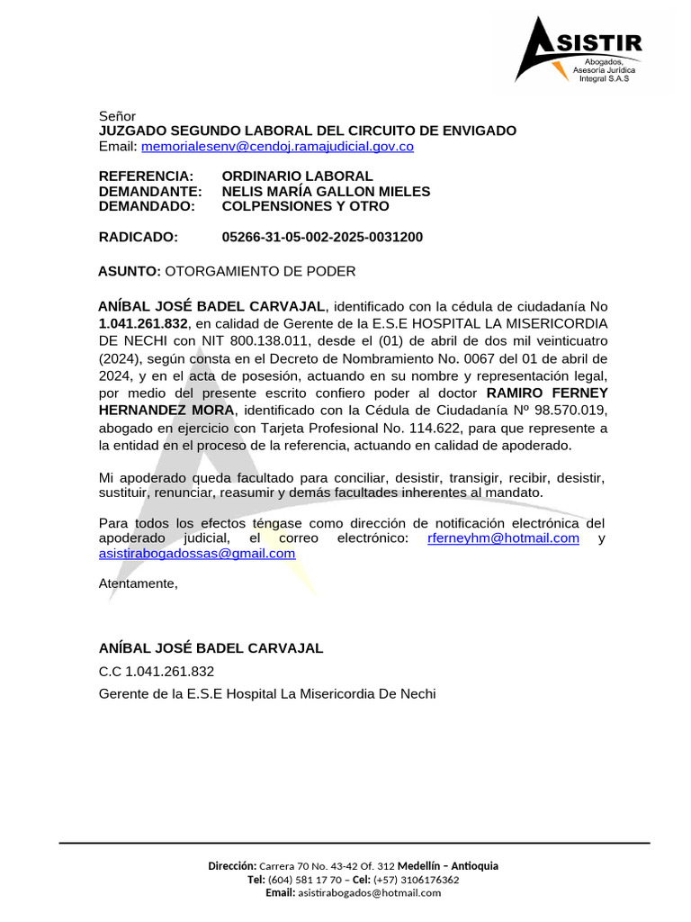 Otorgamiento de Poder Nechi - Nelis María Gallon Mieles | PDF