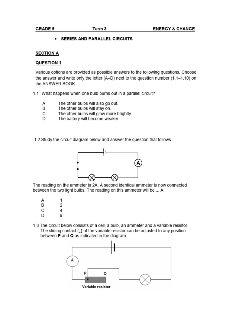 Grade 9 Energy & Change: Circuits Quiz | PDF | Series And Parallel ...
