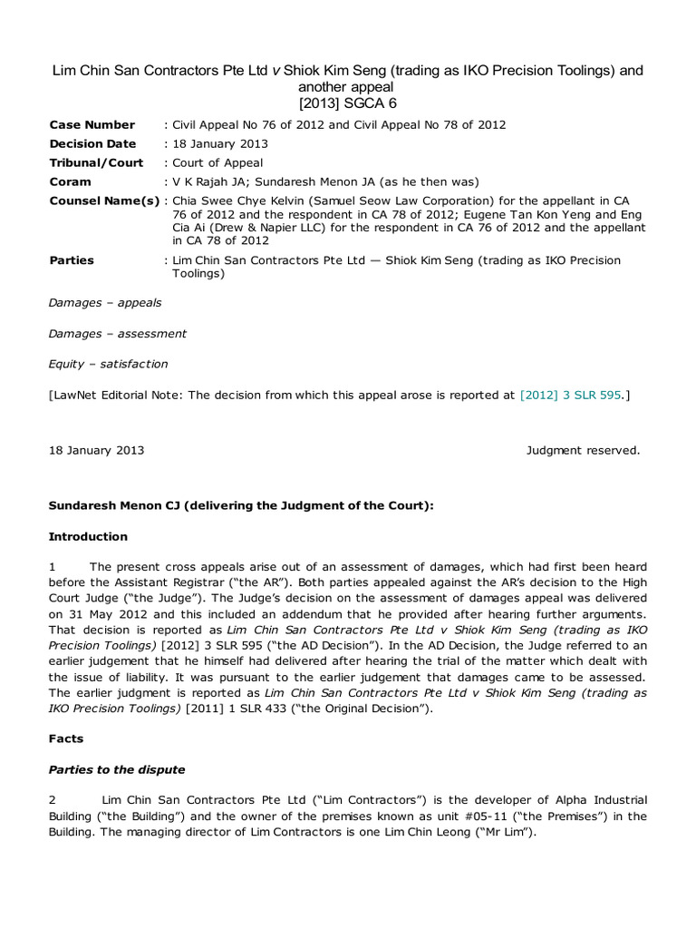 Lim Chin San Contractors Pte LTD V Shiok Kim Seng (2013) SGCA 6 | PDF ...