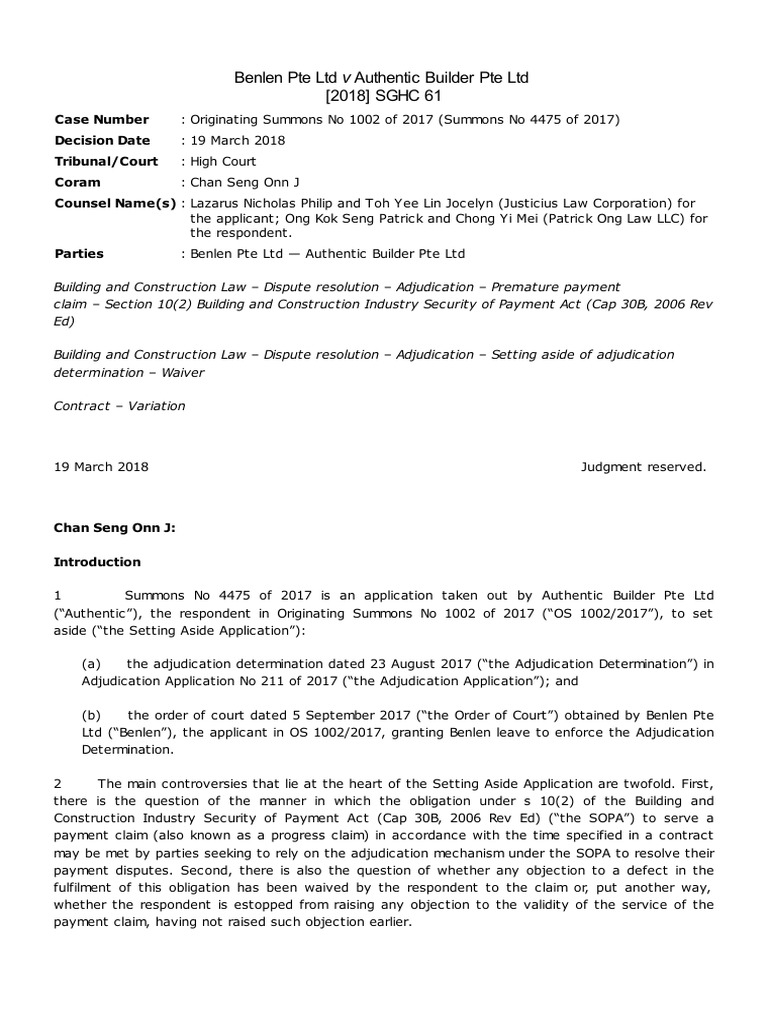 (SOPA-not Set Aside) Benlen V Authentic (2018) SGHC 61 | PDF | Estoppel ...
