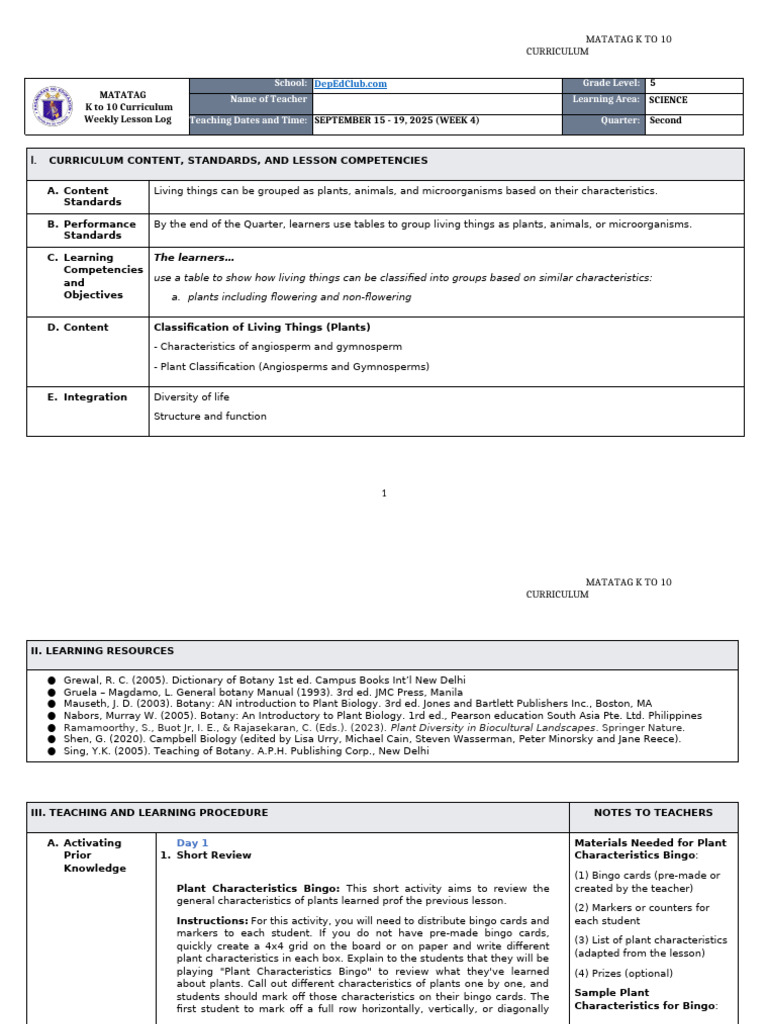 DLL Matatag - Science 5 Q2 W4 | PDF | Seed | Flowers
