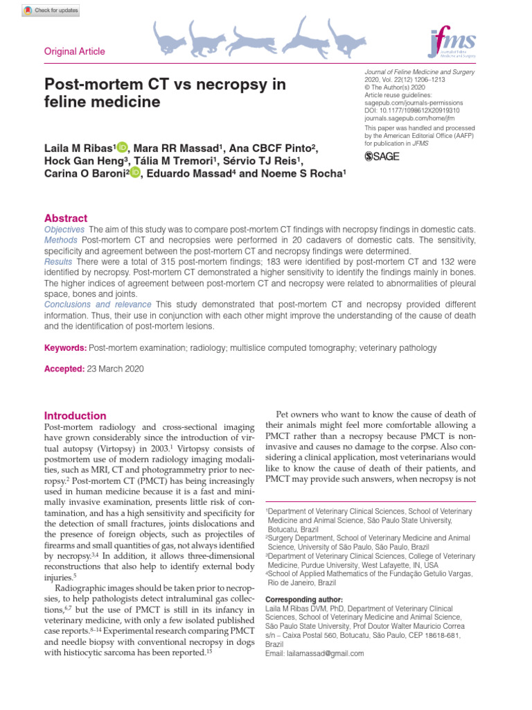 Ribas Et Al 2020 Post Mortem CT Vs Necropsy in Feline Medicine | PDF ...