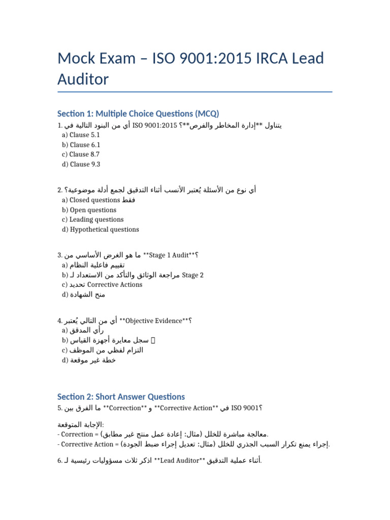 Mock Exam Irca Iso9001 | PDF